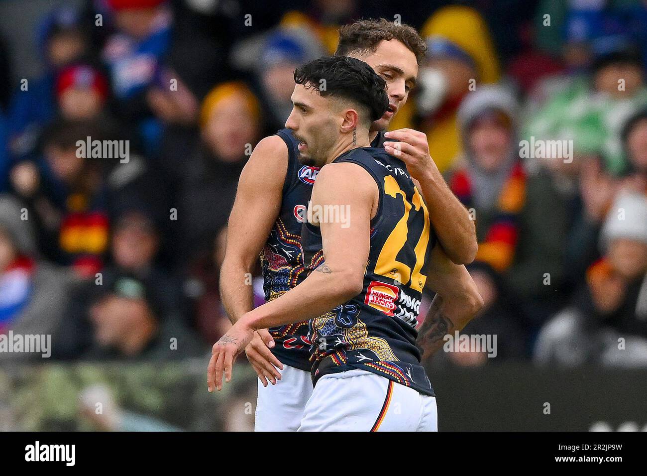 Izak Rankine of the Crows celebrates a goal during the AFL Round 10 ...