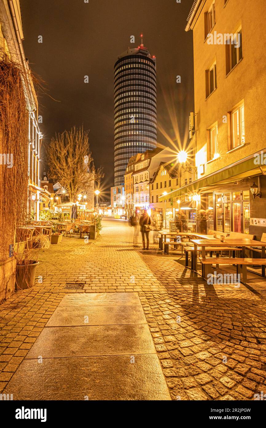 Night shot of the Wagnergasse in Jena with its various restaurants and ...