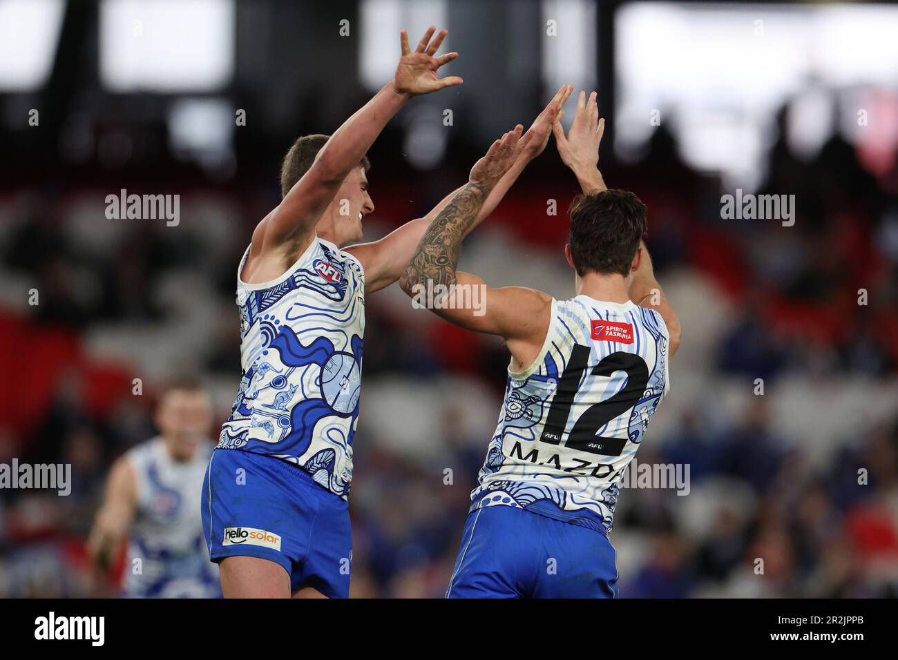 Jy Simpkin of the Kangaroos celebrates a goal during the AFL Round 10 ...