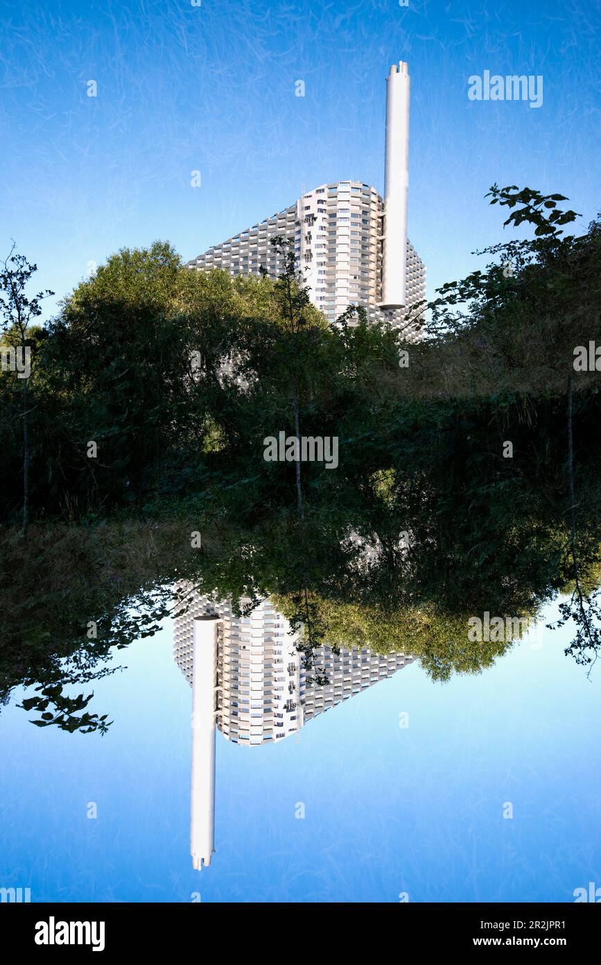 Double exposure of Copenhill, a waste to energy plant that houses a ski ...