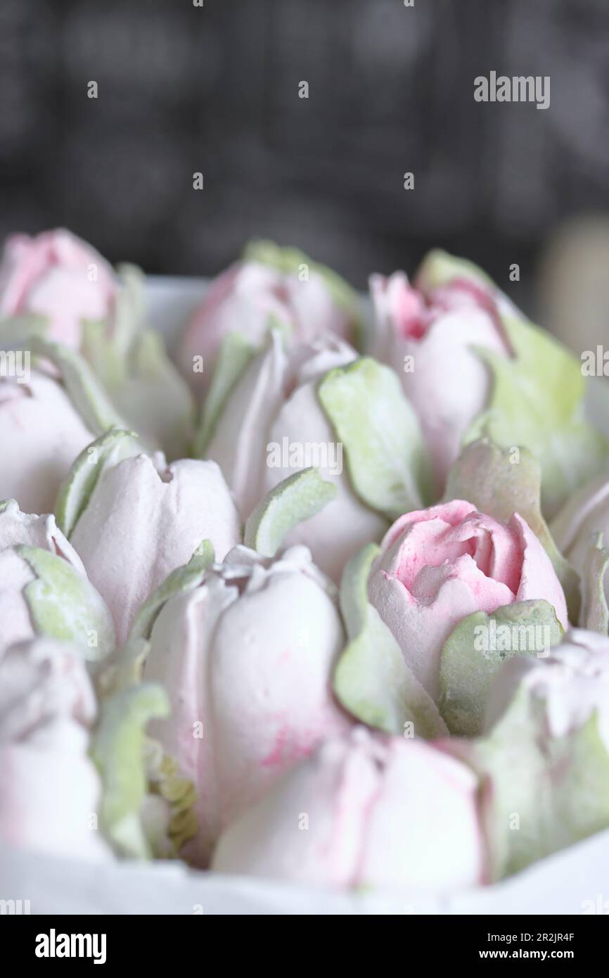 Marshmallow bouquet. Zephyr flowers. Packed in craft paper Stock Photo ...