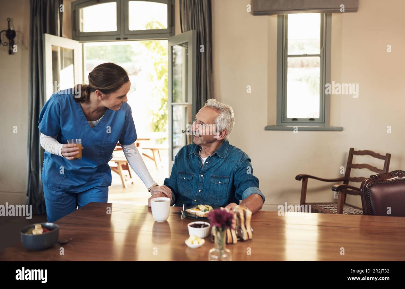 Senior man, nurse and breakfast with check, talking and happy with food ...