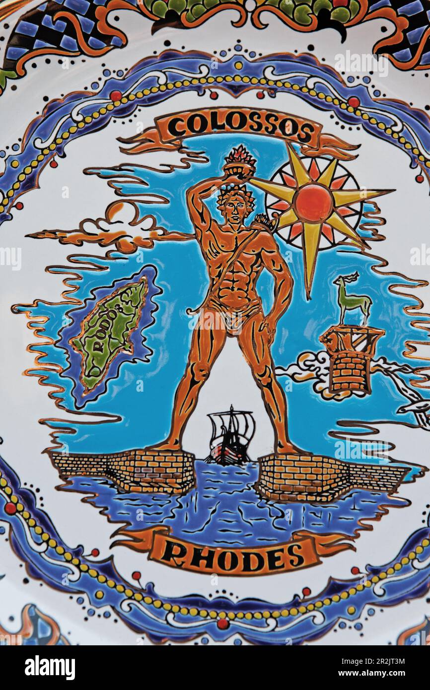 Souvenir plate with a picture of the colossus of Rhodes, Rhodes ...