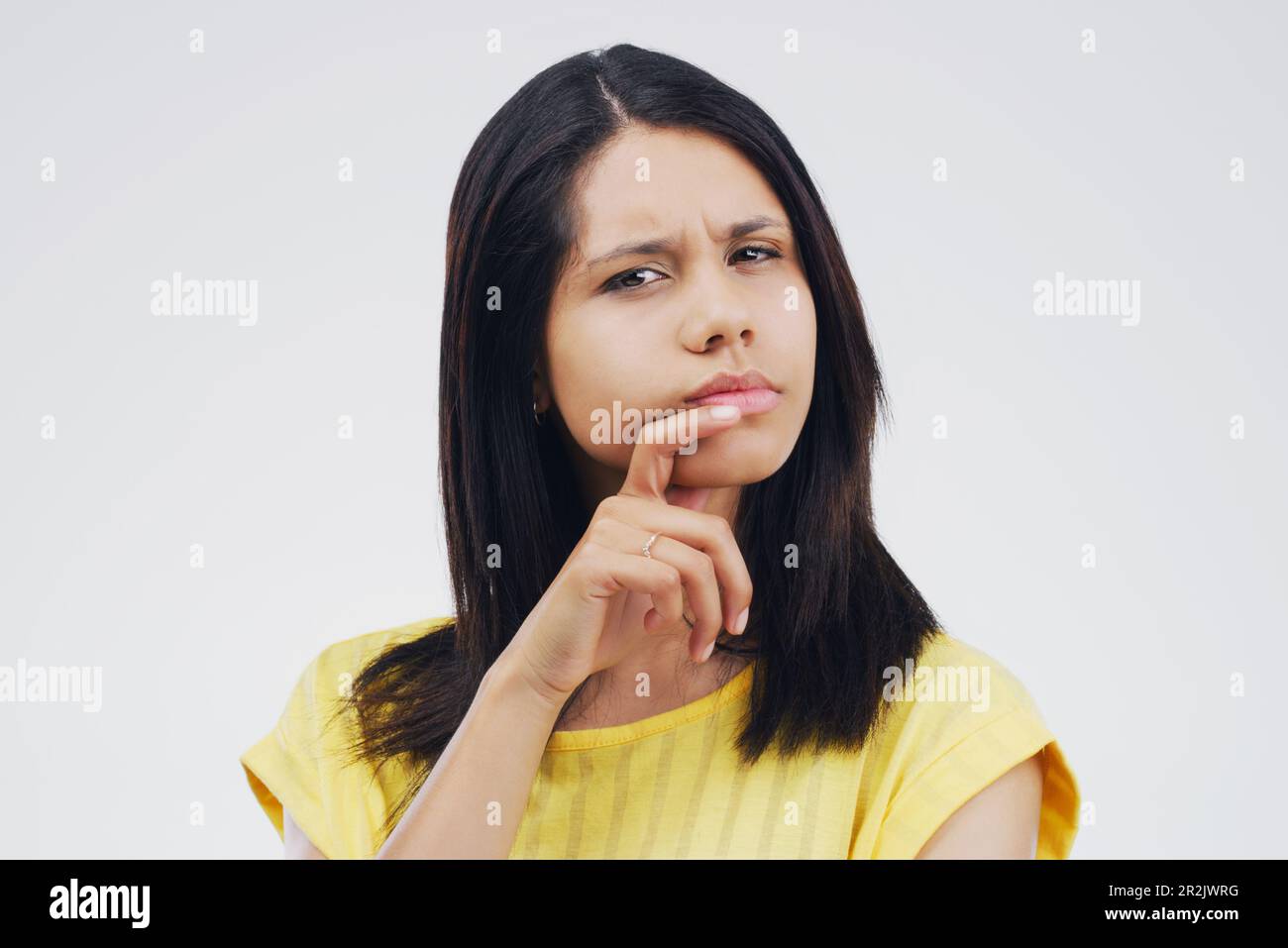 Mockup space, portrait of woman and thinking against a white background ...