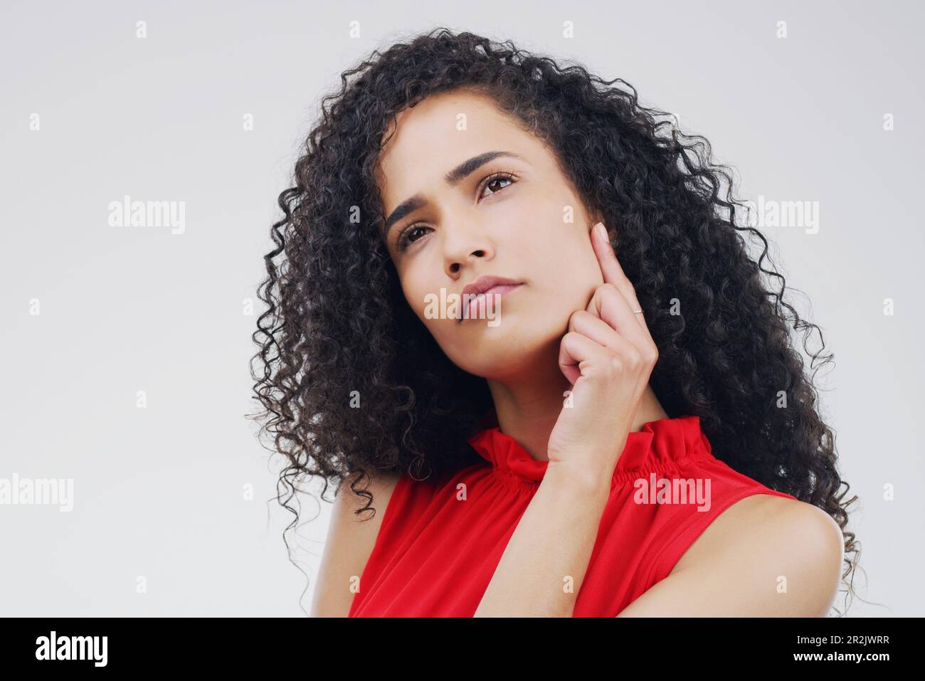 Thinking, confused and woman in studio with decision on mockup, space ...