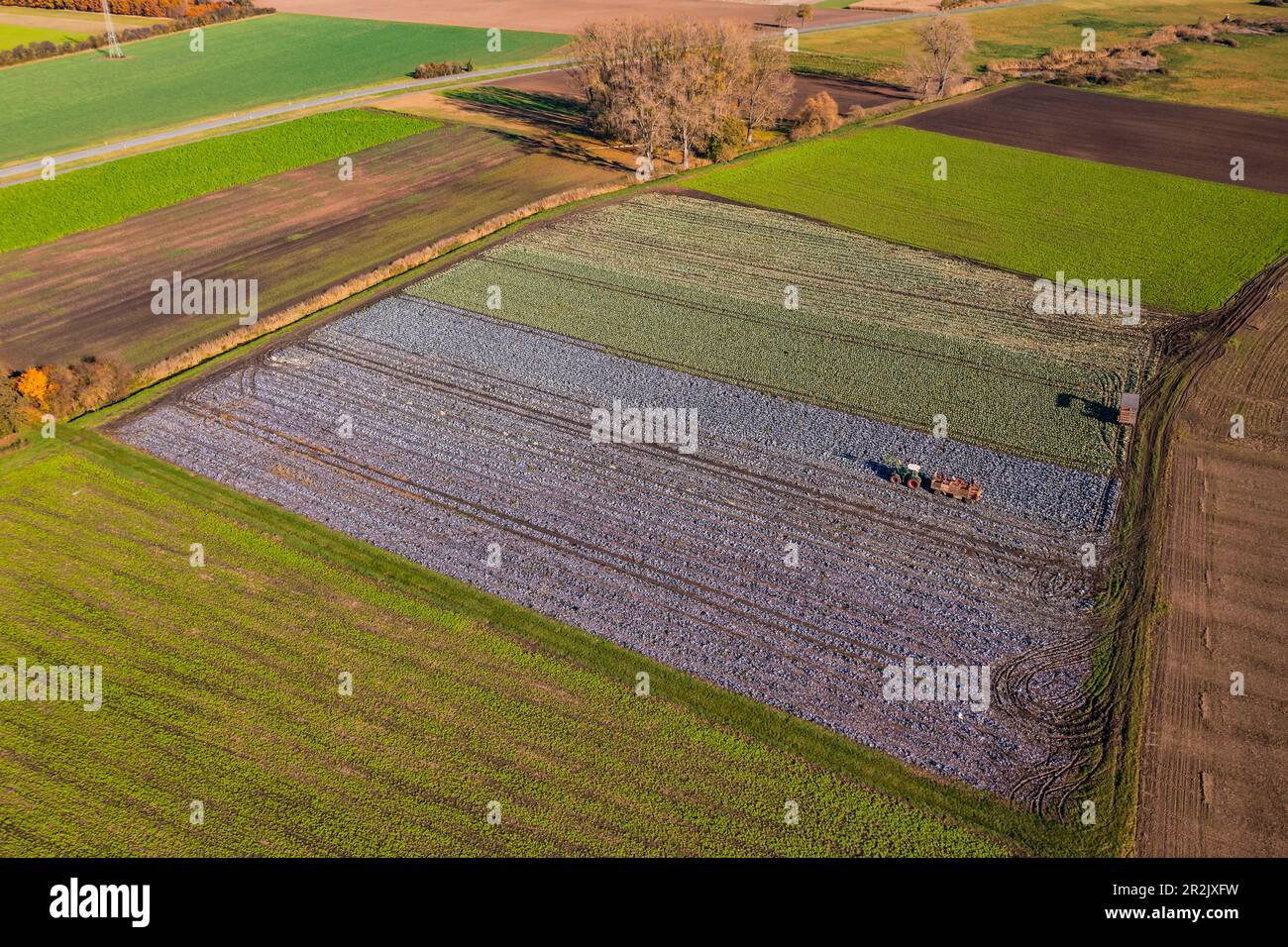 Aerial view of green and blue fields along a moat in South Hesse ...