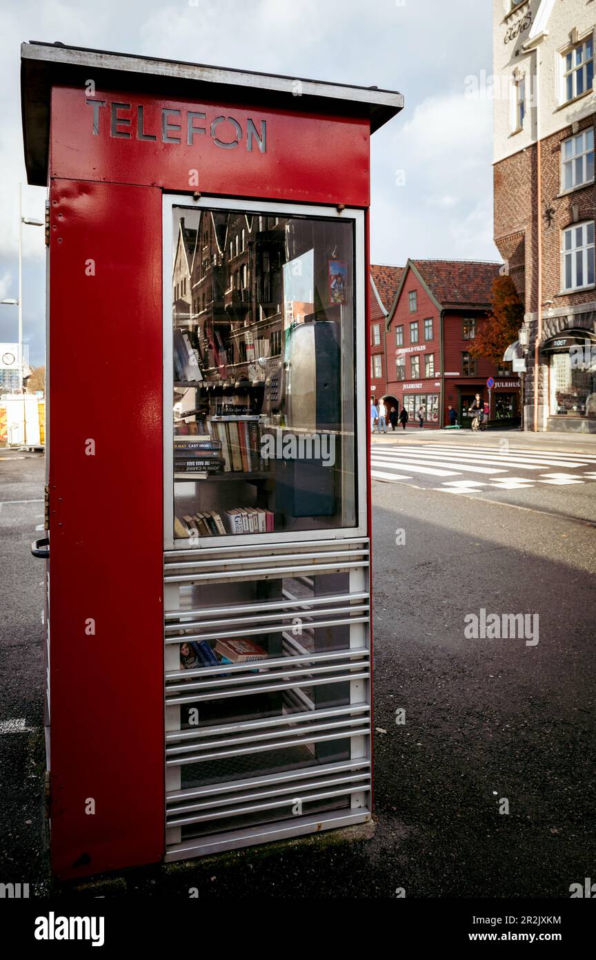 Telephone box used as a library, Bergen, Unesco World Heritage Site ...