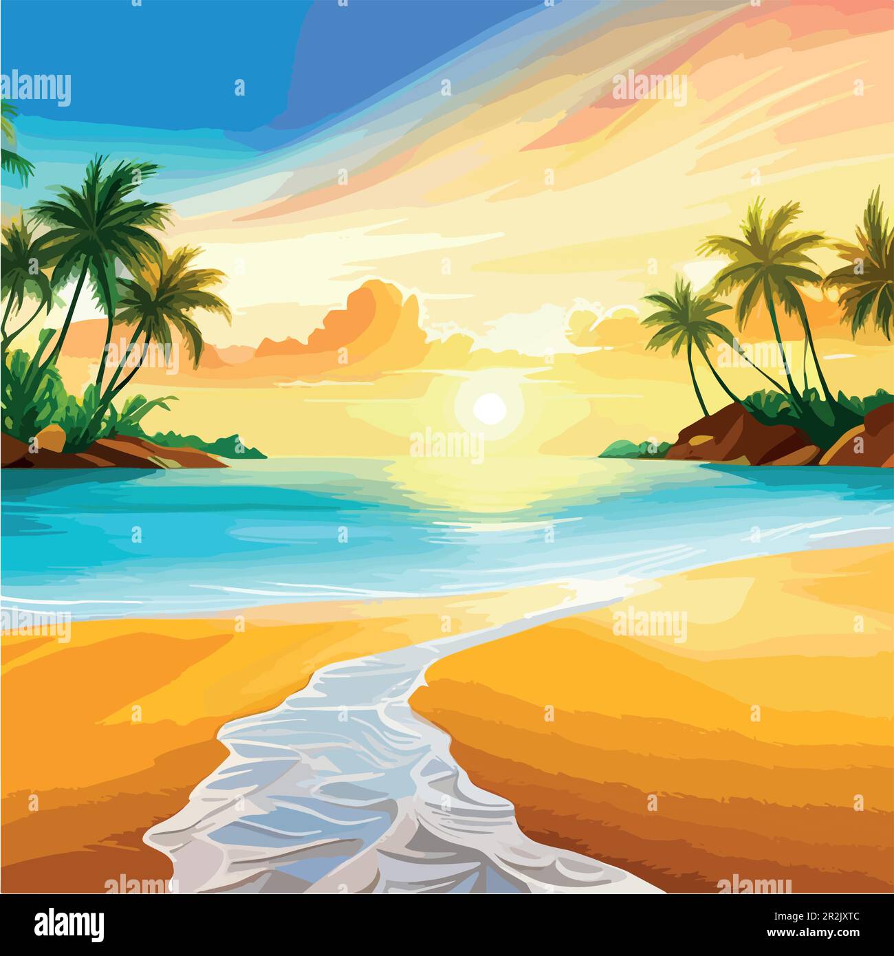 Summer Exotic Beach Landscape Sandy Shore With Green Palm Trees And Blue Sea Vector
