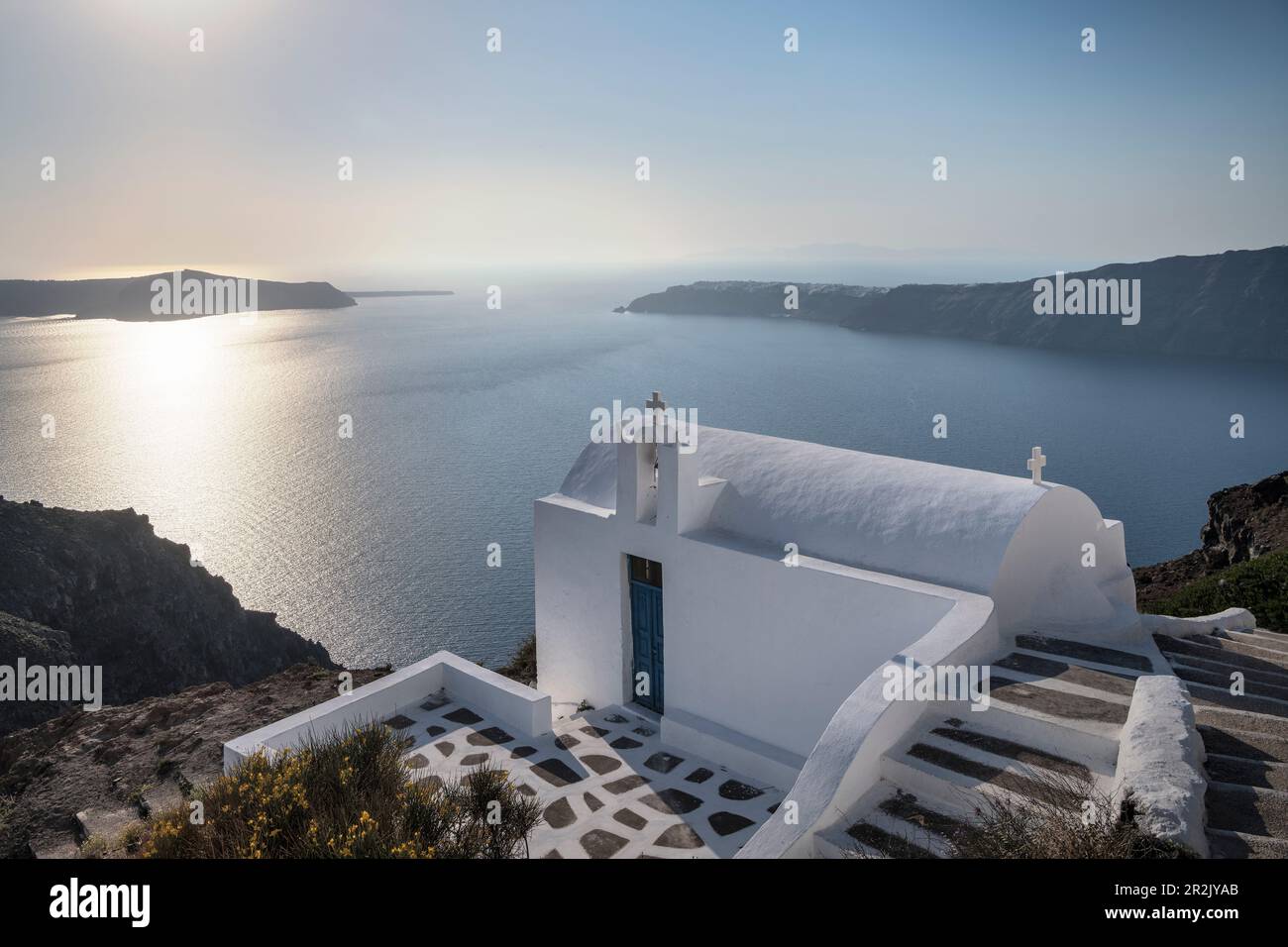Greek orthodox chapel at Skaros rock, view from Fira to the caldera of ...
