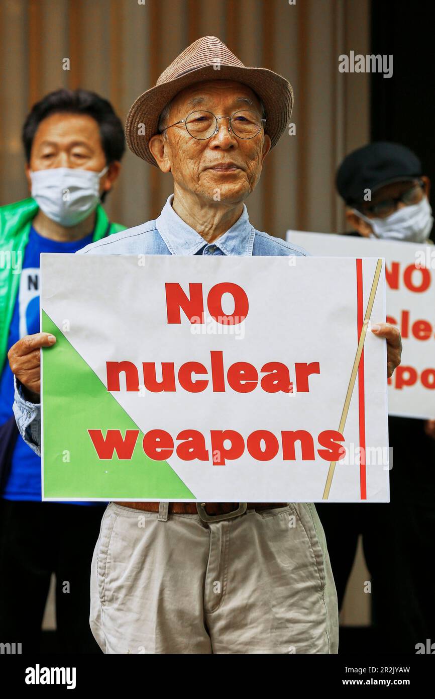 Hiroshima, Japan. 20th May, 2023. People holding No Nuclear Weapons and ...