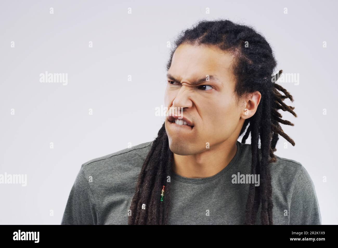 Man, funny face and goofy expression on mockup space against a white ...