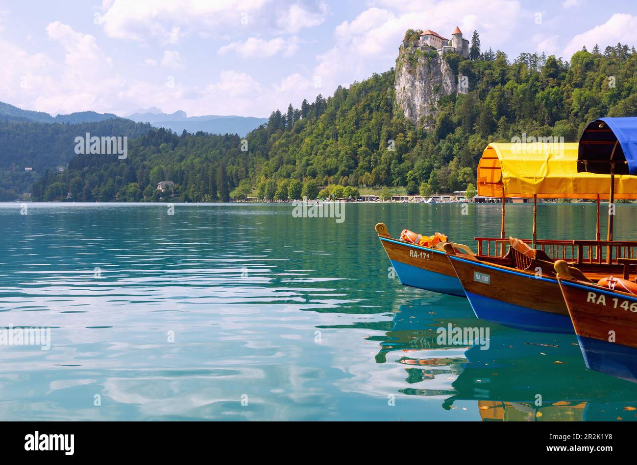 bled; Lake Bled; Bleyski degrees; Pletna rowing boats Stock Photo - Alamy