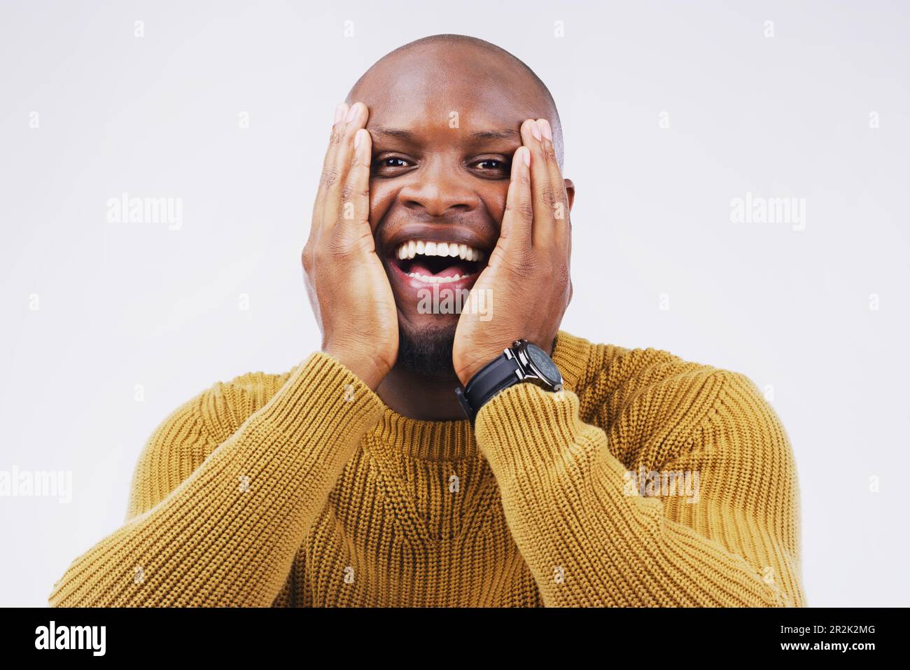Excited, surprise and portrait of a man in studio with a winning, wow ...