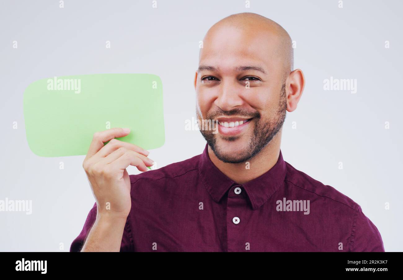 Happy man, portrait and smile with speech bubble for question, social ...