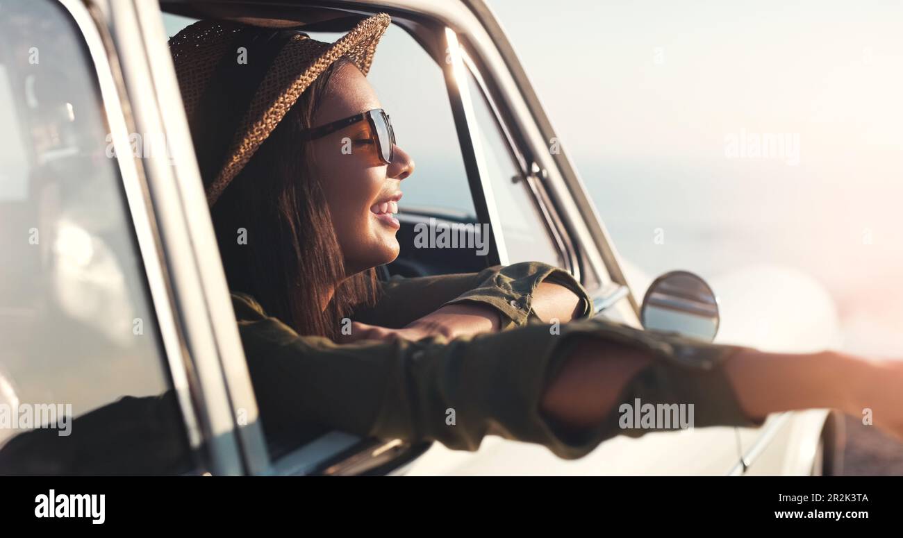 Woman car alone happy drive view hi-res stock photography and images ...