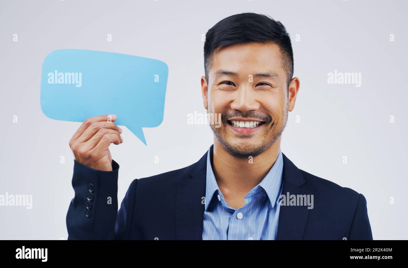 Happy asian man, portrait and speech bubble for social media, question ...
