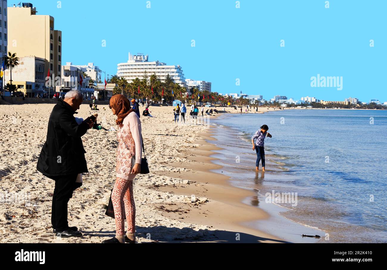 Sousse, Tunisia, January 8, 2023: Boujaafar beach in winter with blue ...