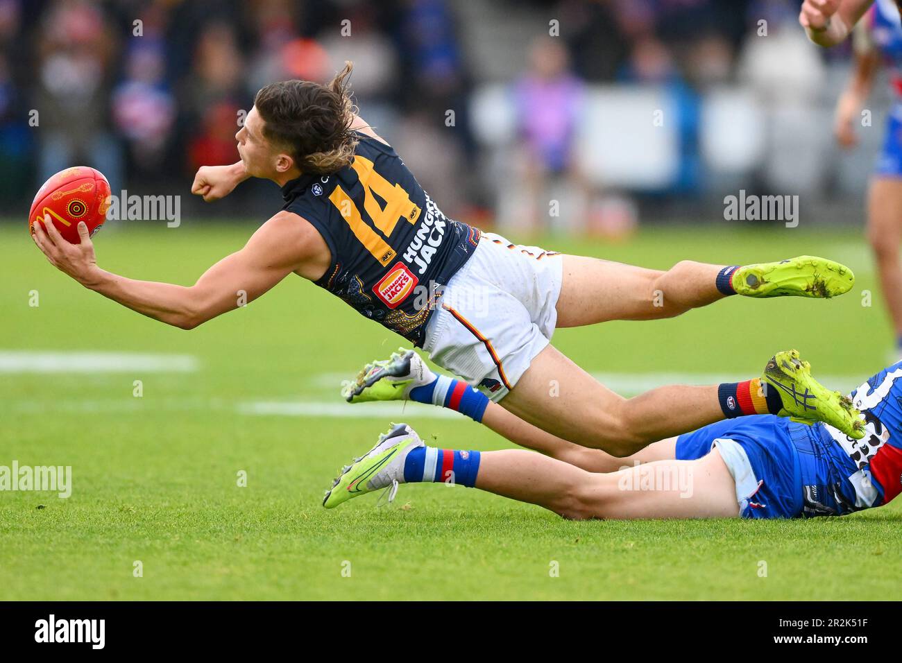 Jake Soligo of the Crows handballs during the AFL Round 10 match ...
