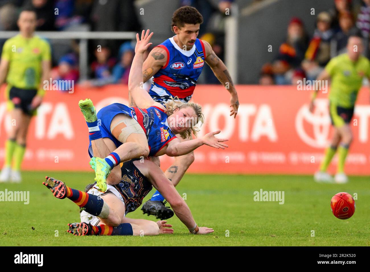 Cody Weightman of the Bulldogs falls over the top of Reilly O’Brien of ...