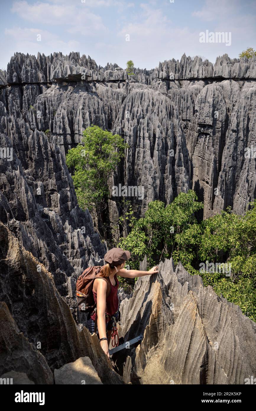 Woman descending a ladder in Tsingy de Bemaraha National Park and ...