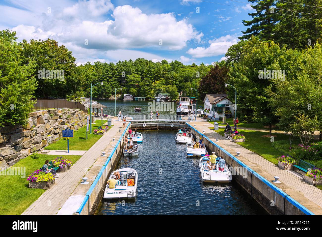 Port Carling; Lock to Lake Rousseau, boats, excursion boat Peerless II ...