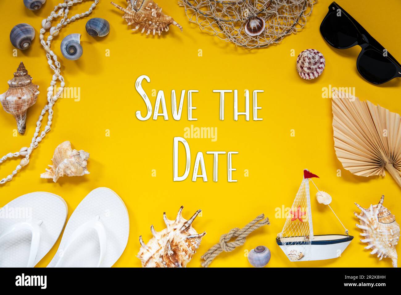 Flat Lay With English Text Save The Date. Yellow Background With Summer ...
