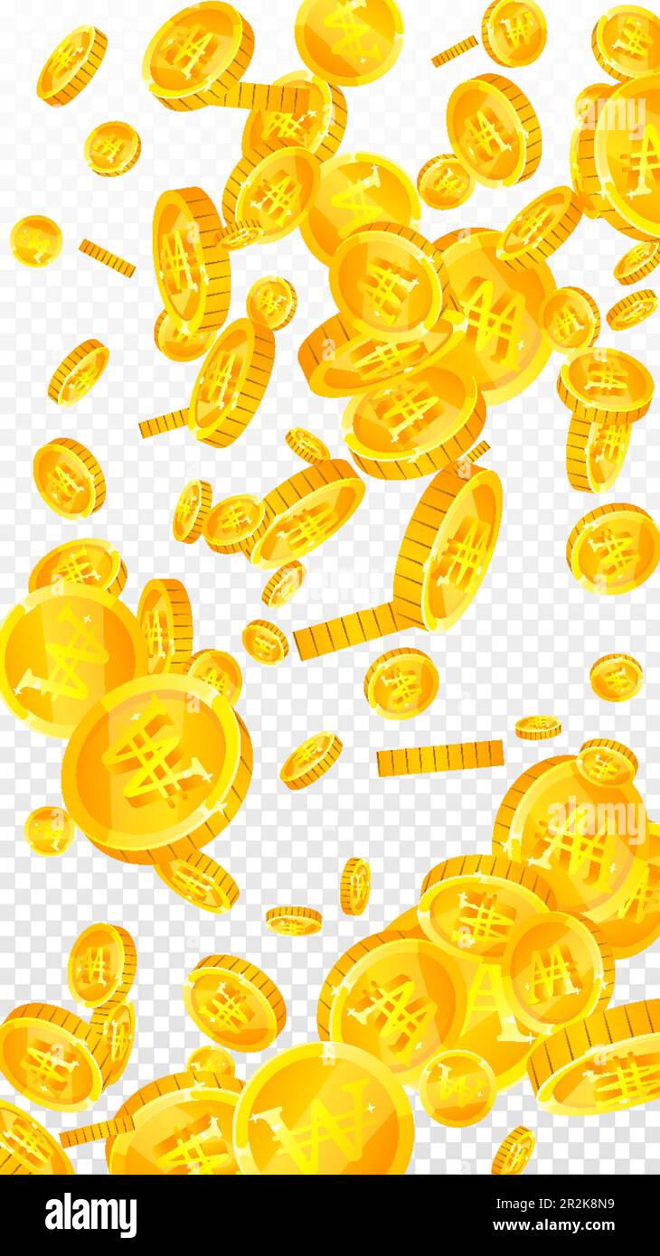 Korean won coins falling. Scattered gold WON coins. Korea money ...