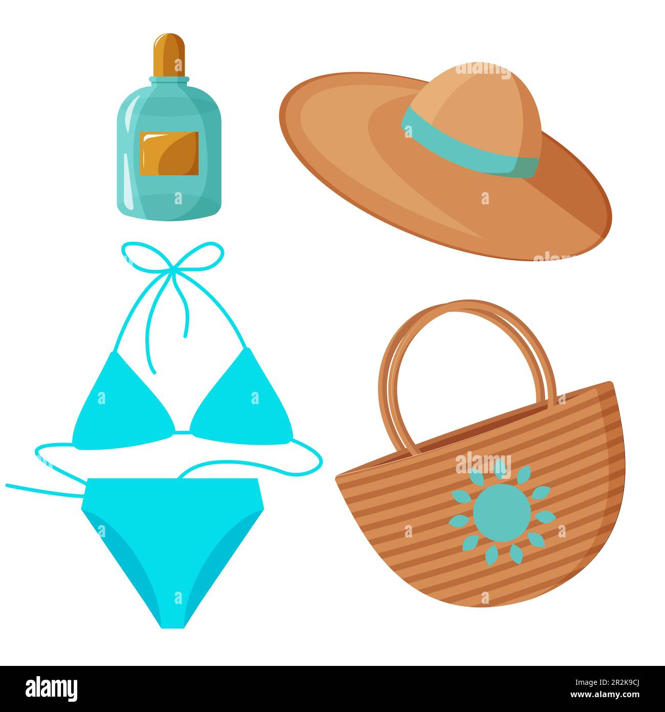 Set of fashion accessories from the sun. Summer set. Blue swimsuit, hat ...
