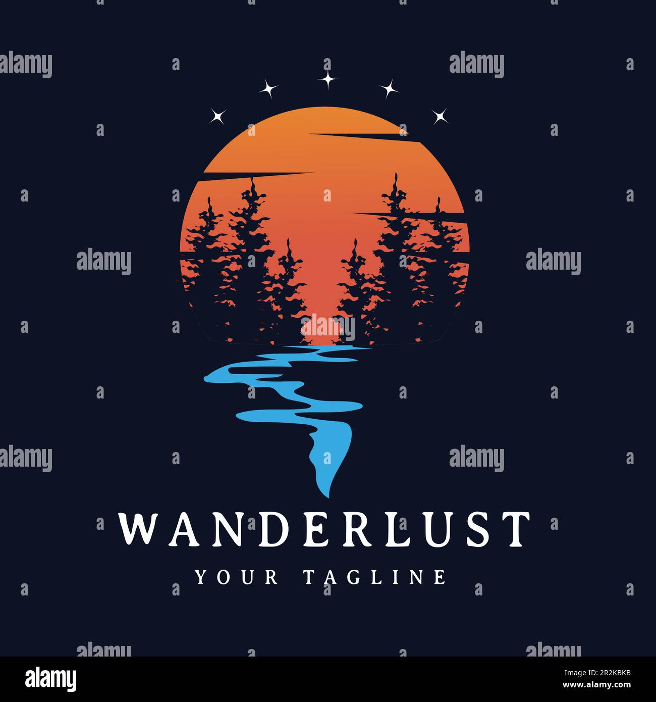 Illustration of pine trees sunset view, flowing river exotic water flow ...