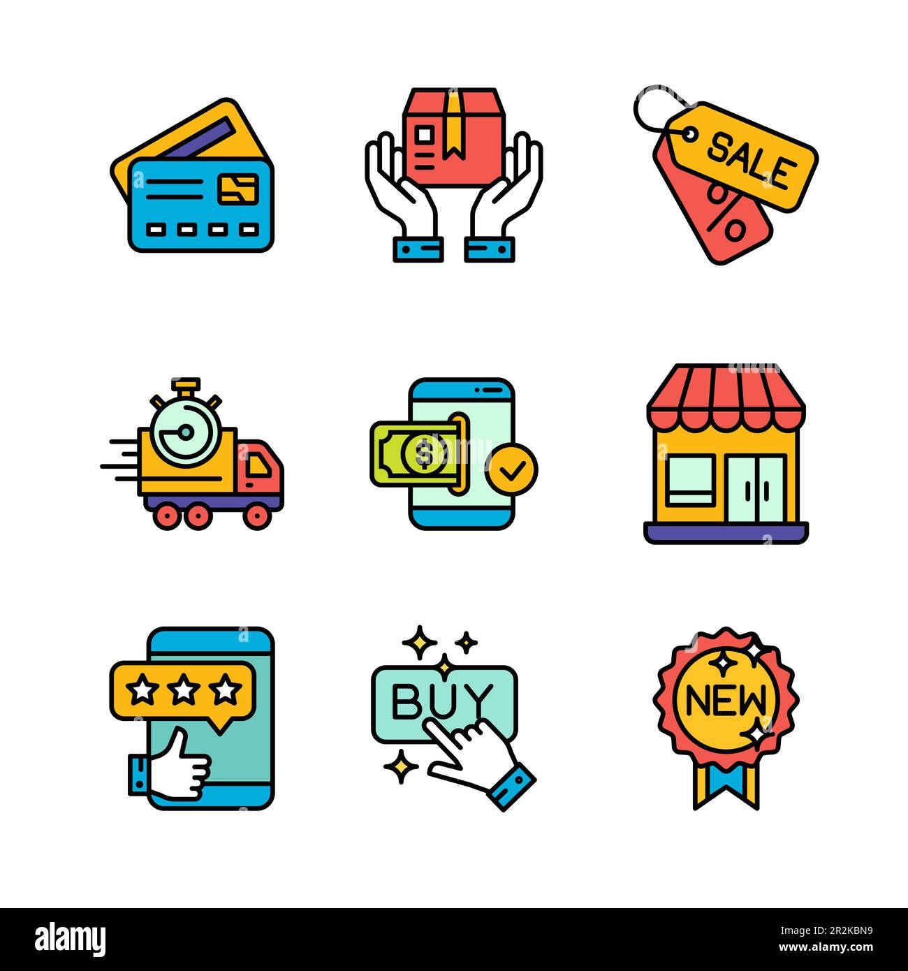 Ecommerce and Shopping Icons Set in Colored Outline Style Icon Stock ...