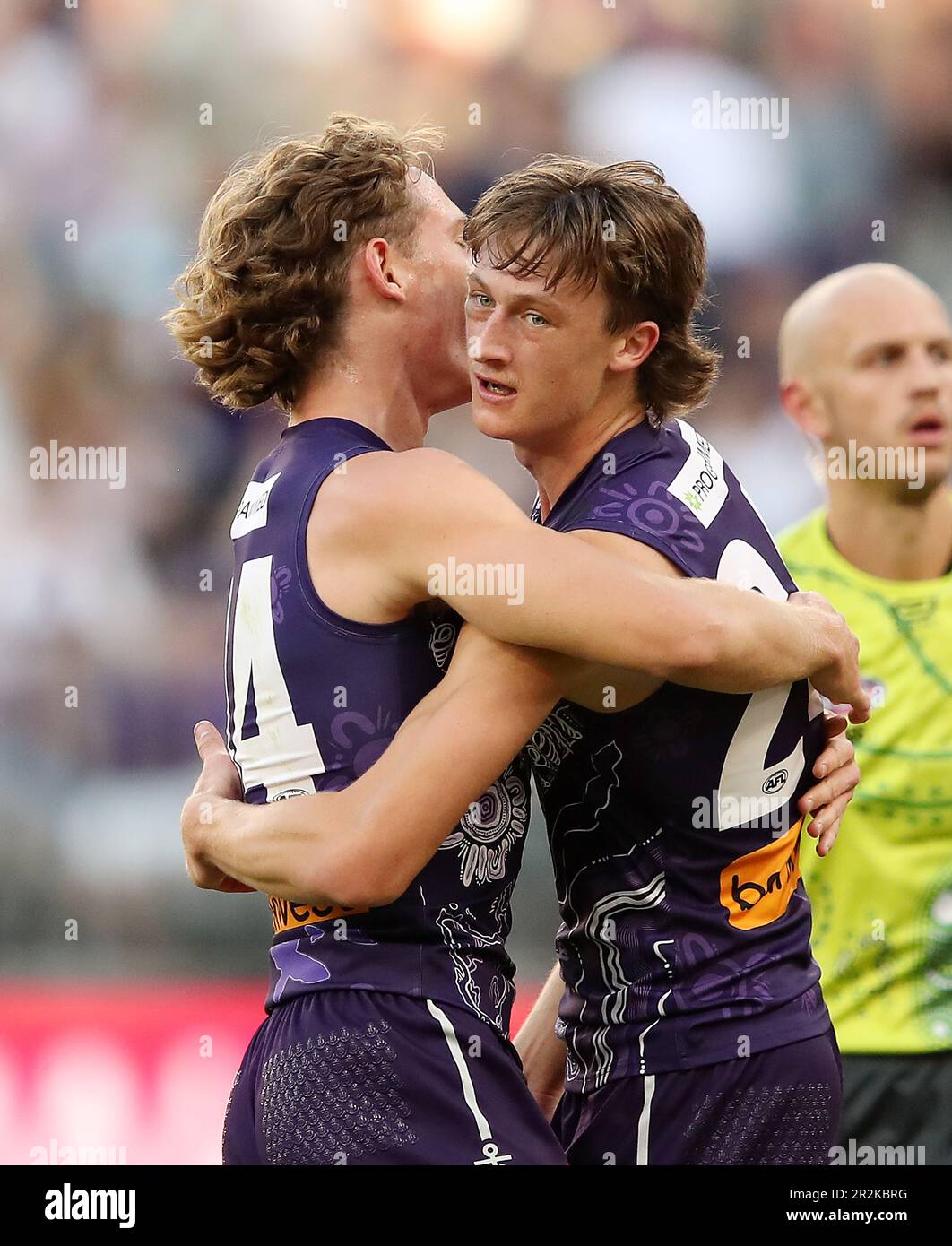 Jye Amiss of the Dockers celebrates kicking a goal during the AFL Round ...