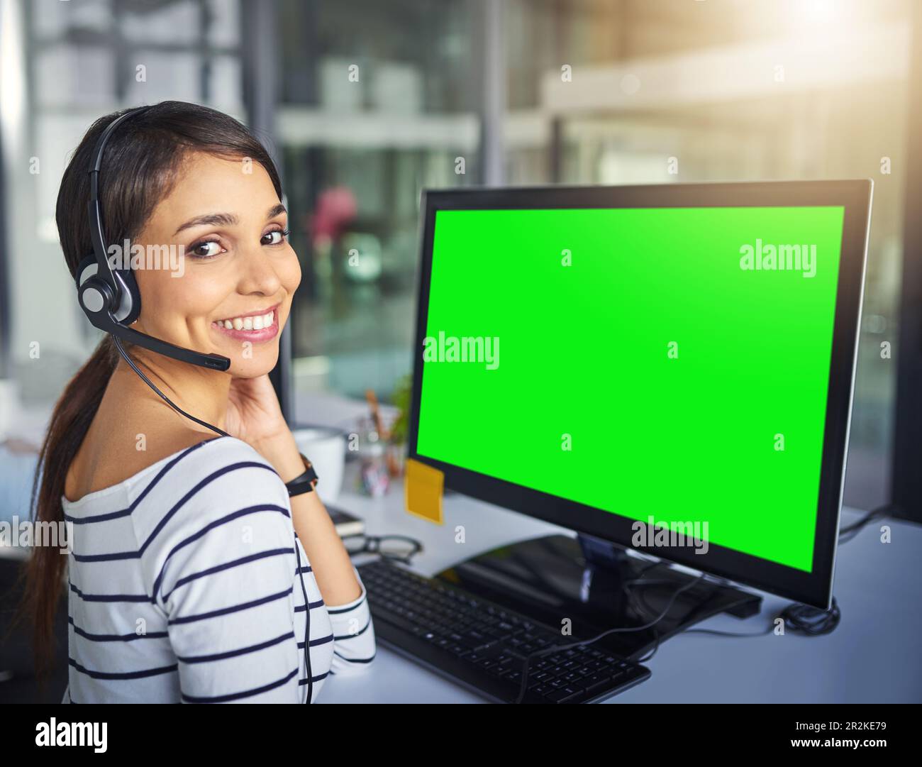 Call center, customer service and portrait of woman with green screen ...