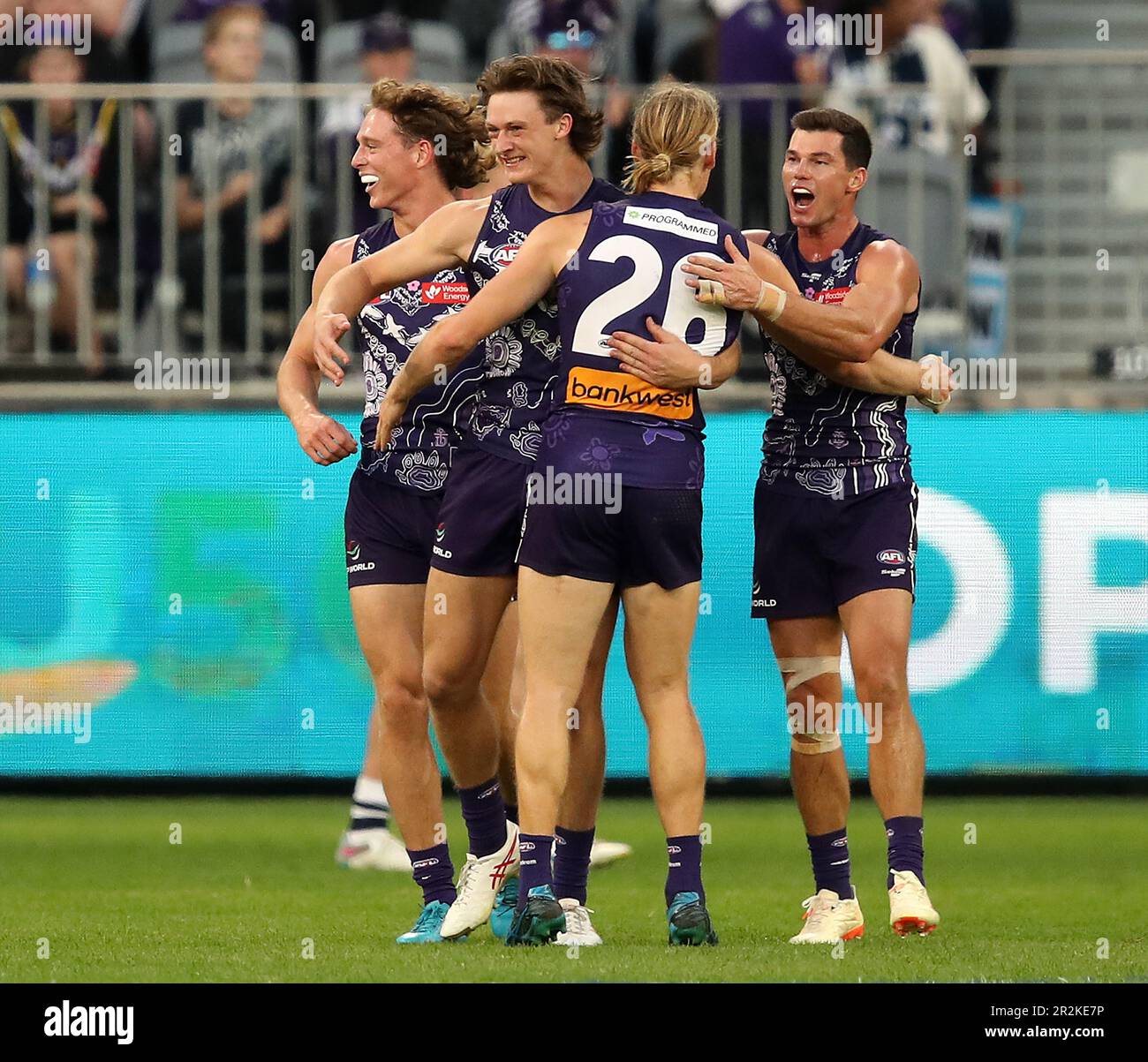 Jye Amiss of the Dockers celebrates kicking a goal during the AFL Round ...