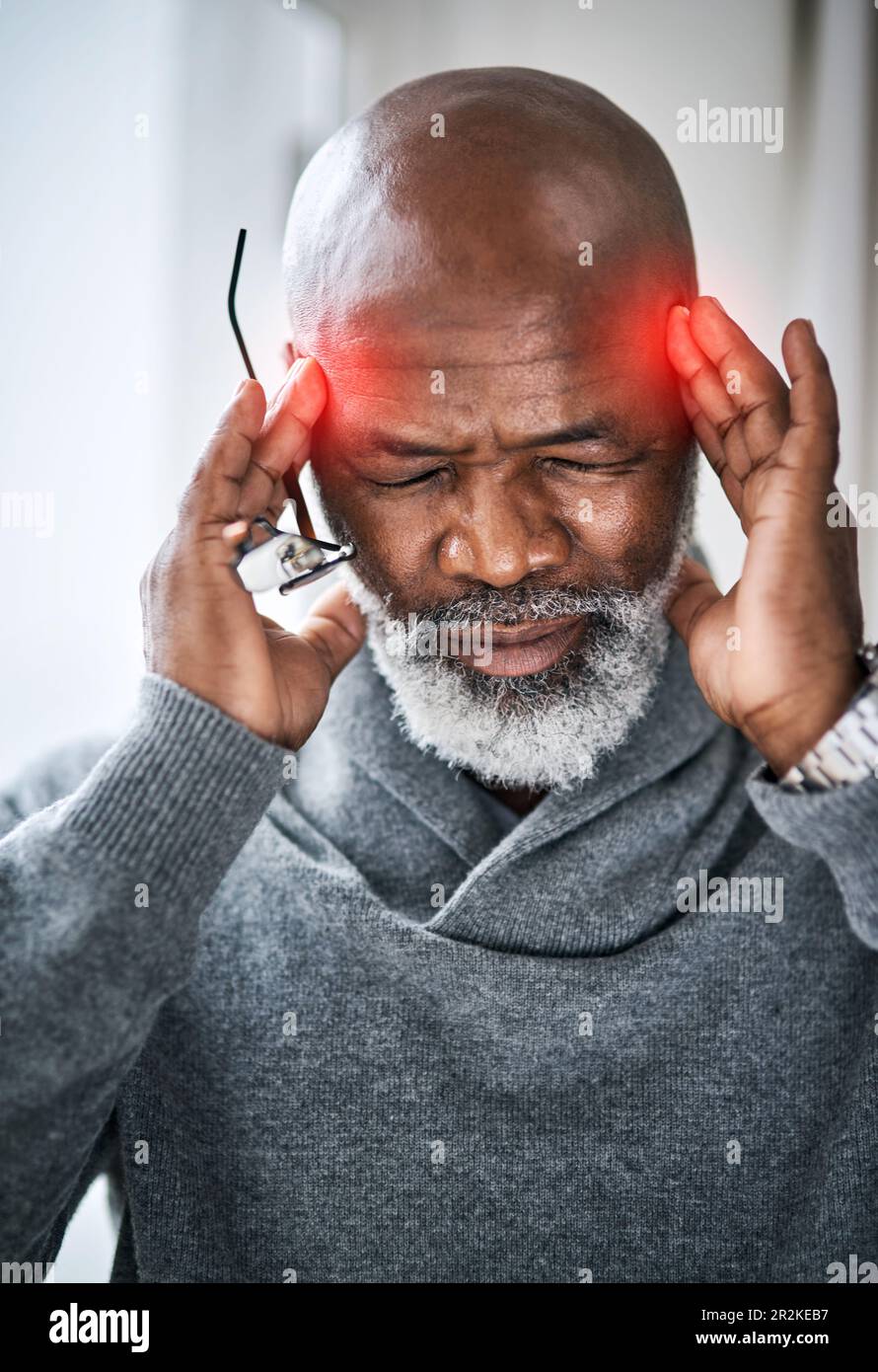 Headache, red and senior man with migraine, mental health, retirement ...