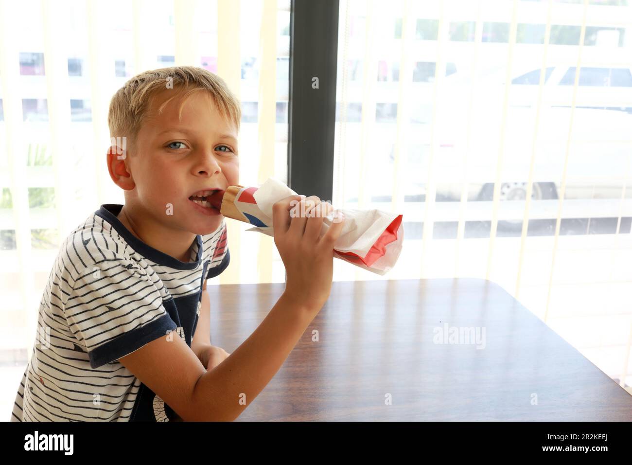 Portrait of child eating hot dog in cafe Stock Photo - Alamy