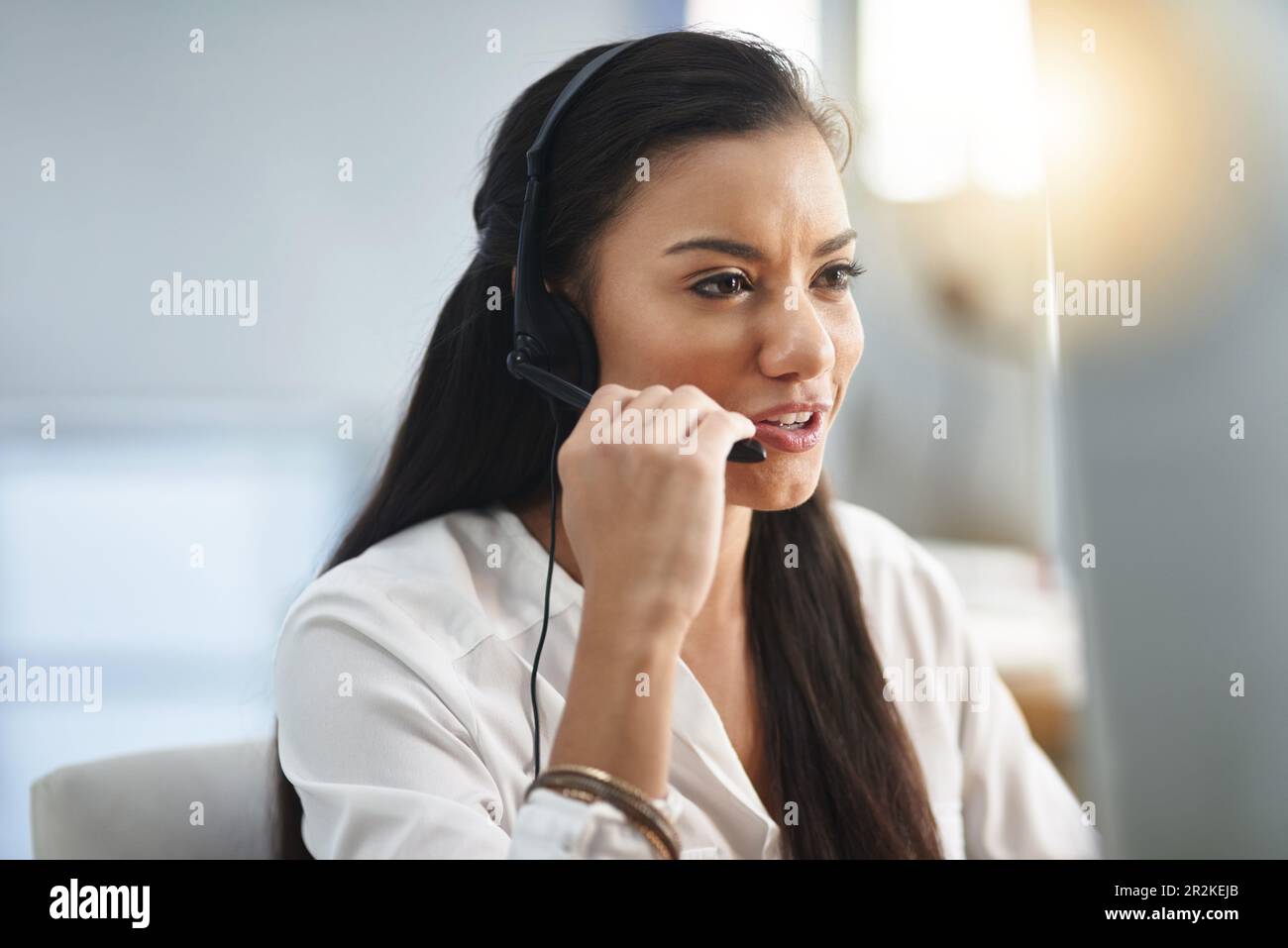 Contact us, mic or happy woman in call center consulting, speaking or ...