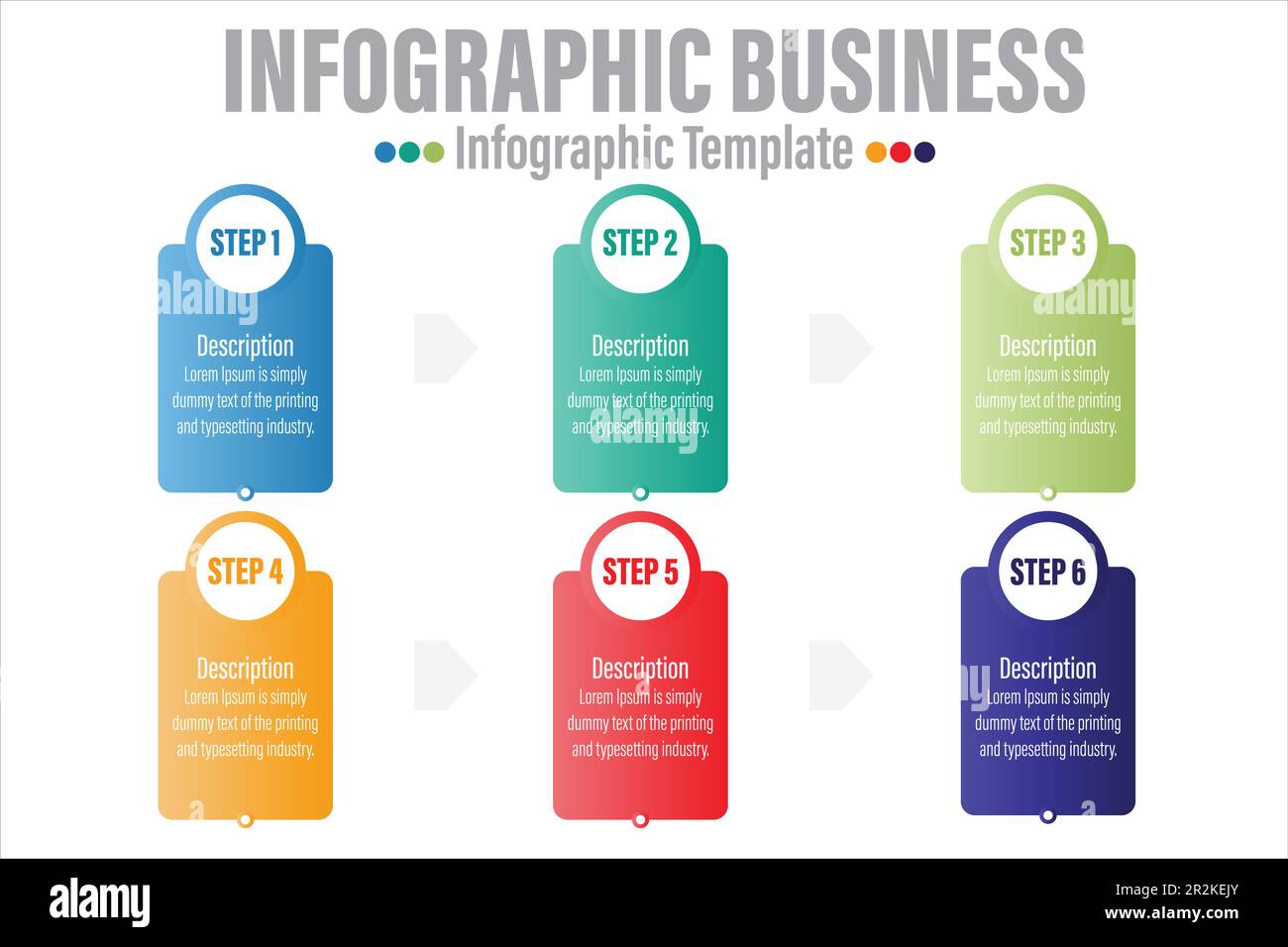 Concept process with six 6 steps or six 6 option. Three colorful graphic elements. Timeline ...