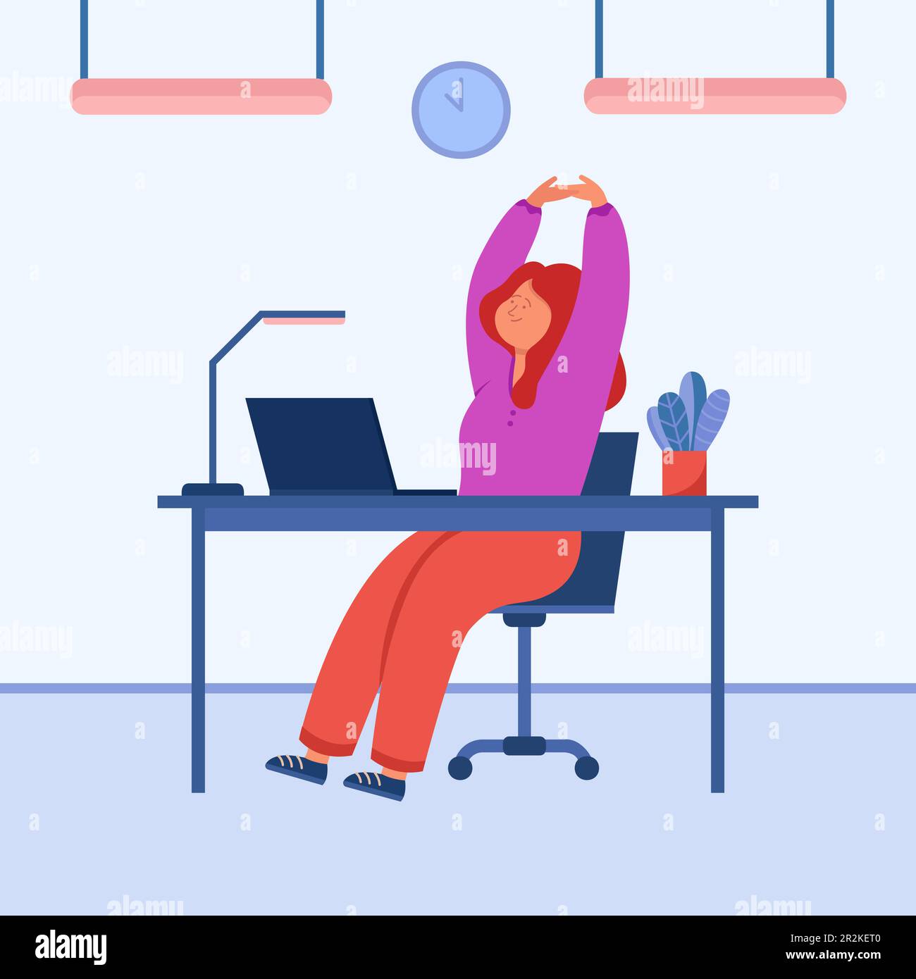 Happy employee stretching while sitting at office desk Stock Vector ...