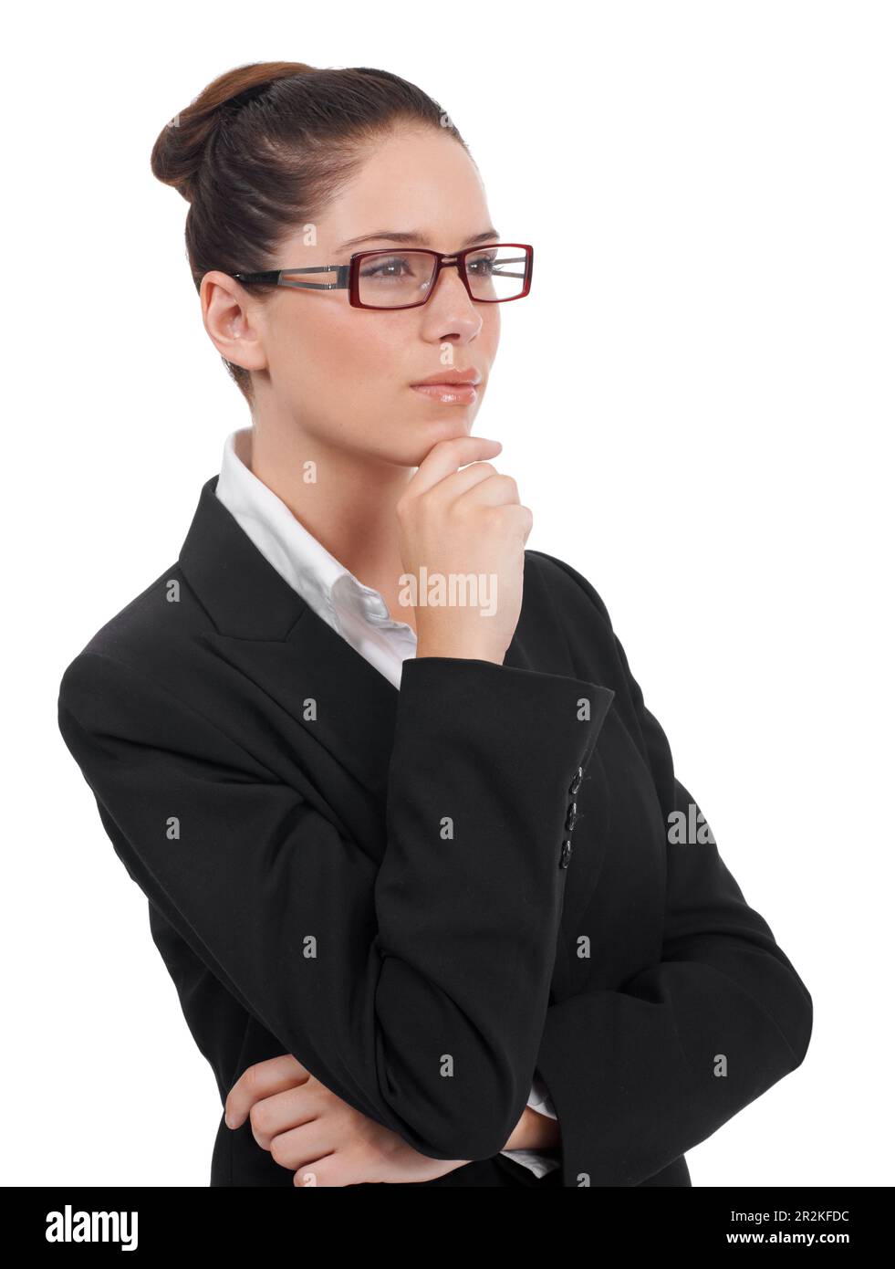 Thinking, studio focus and business woman question, brainstorming ...