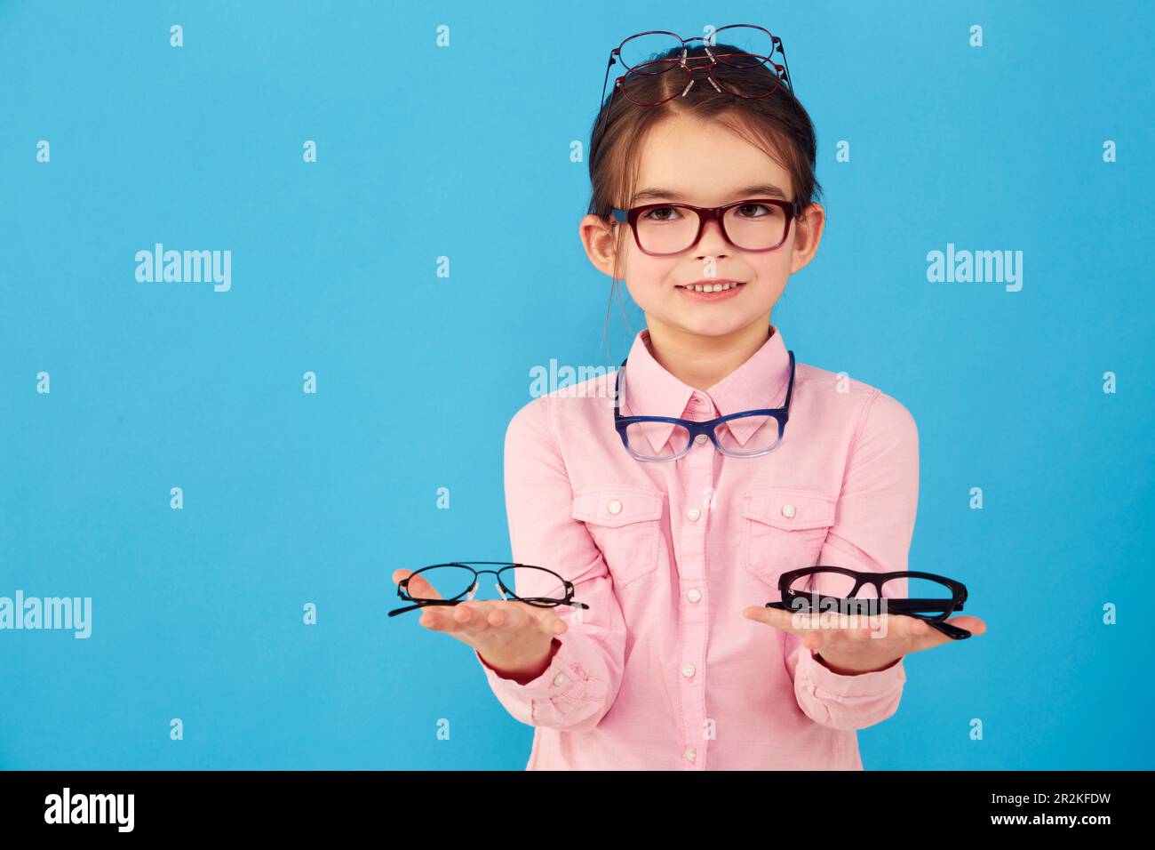 Portrait, mockup and choice by kid with glasses for vision or eye care ...