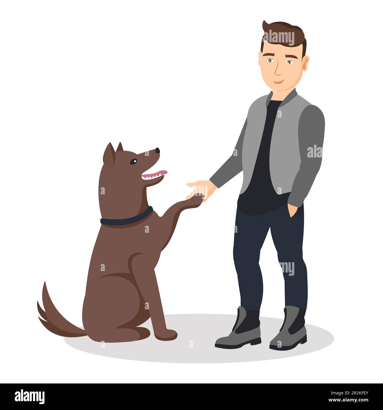 Cartoon man training and teaching his pet to commands. A dog giving a ...