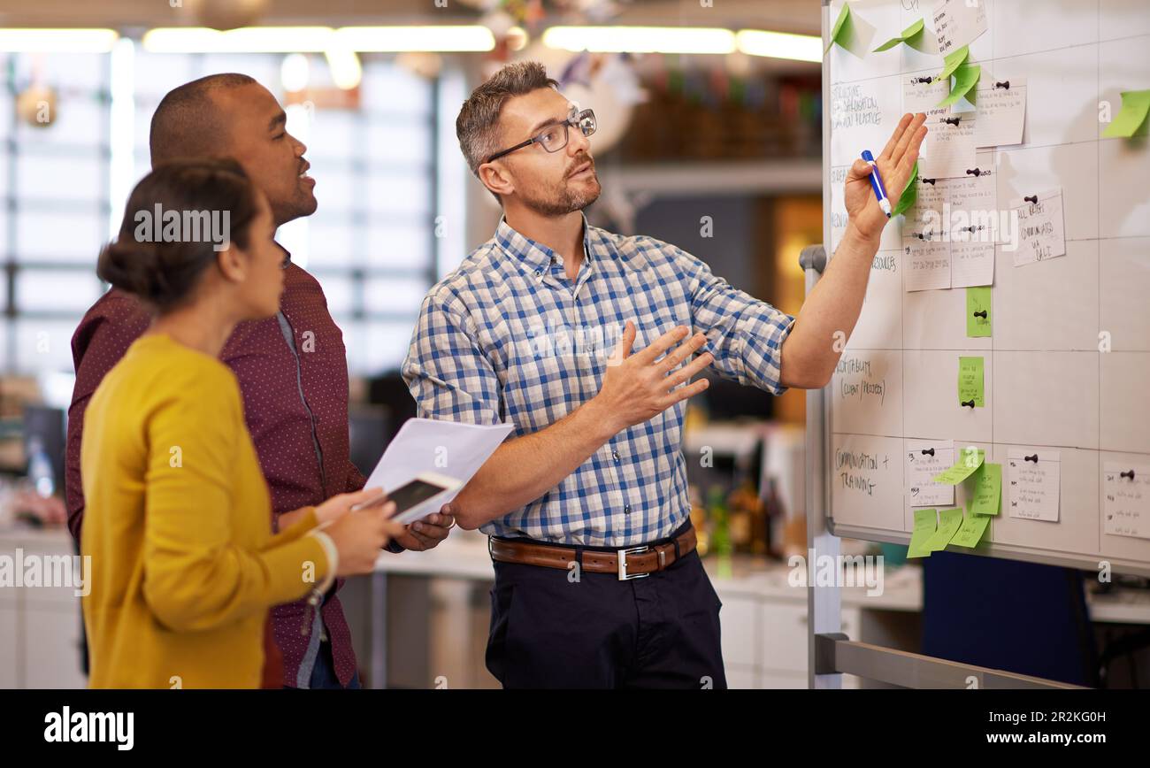 Whiteboard, teamwork planning and business people with strategy and ...