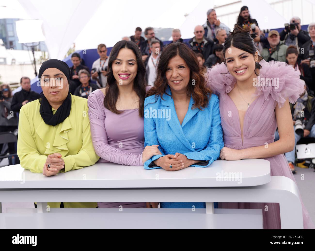 Olfa Hamrouni, from left, Eya Chikhaoui, director Kaouther Ben Hania, and Tayssir Chikhaoui pose ...