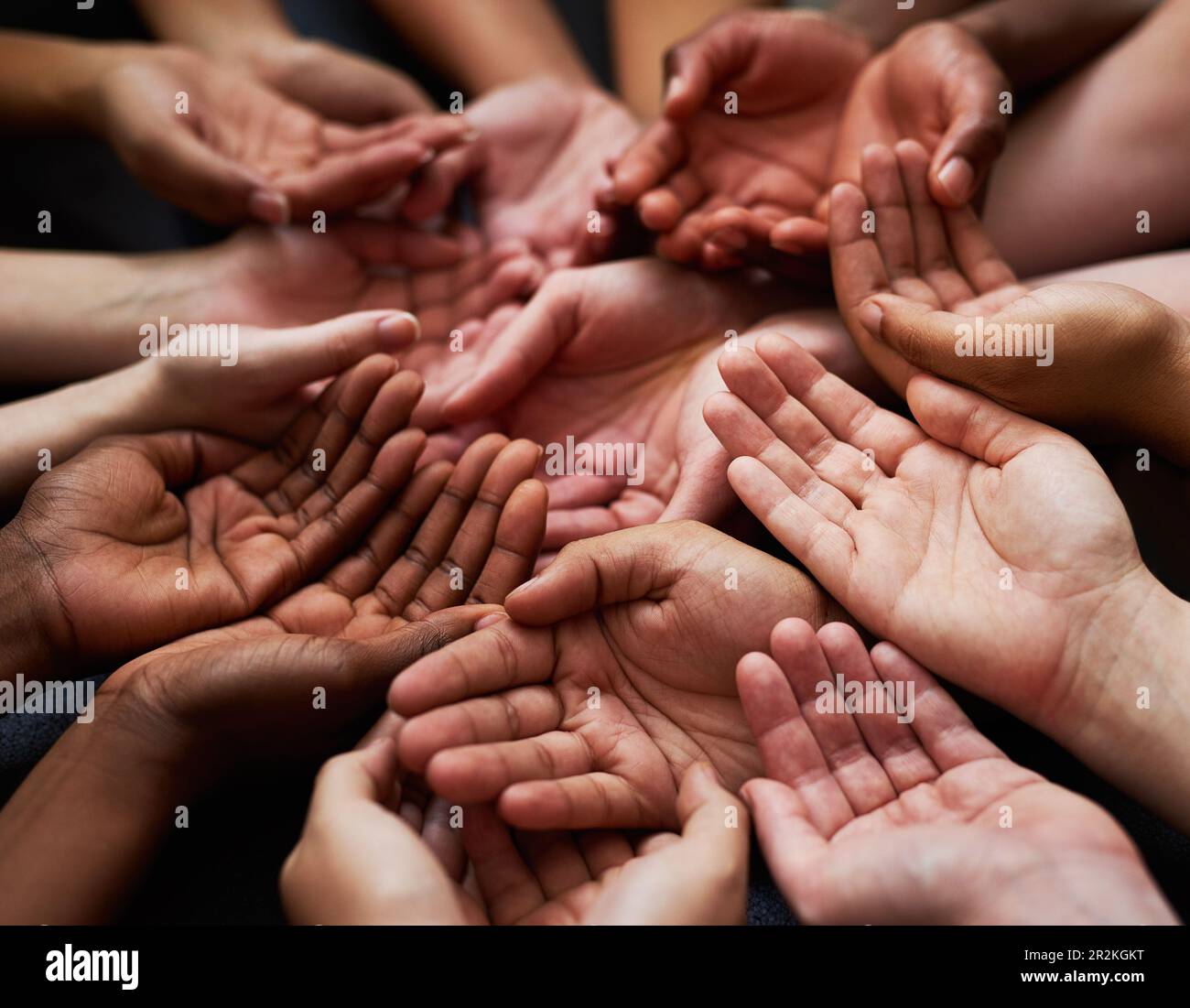 People, diversity and open palm with support in a community with unity ...