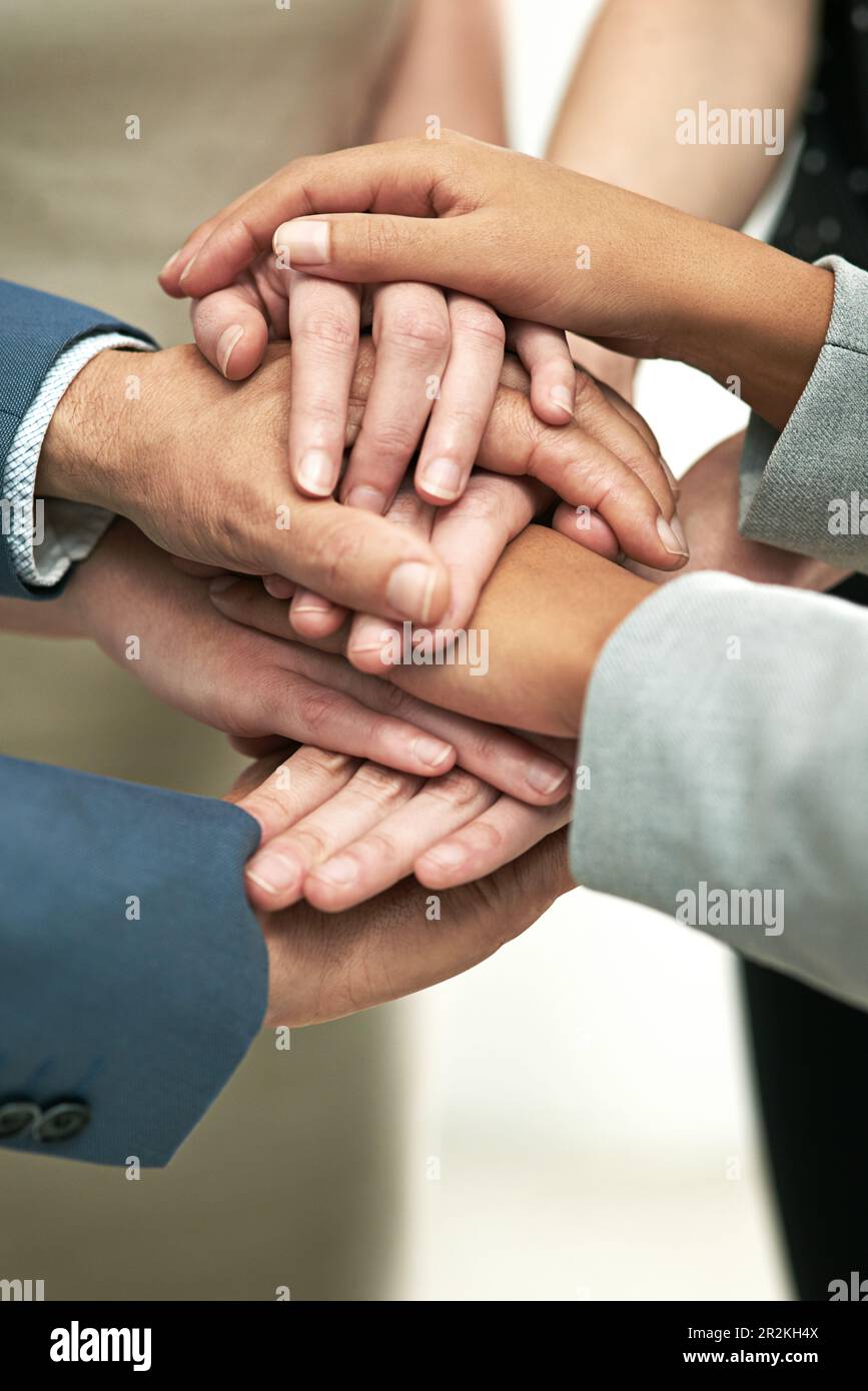 Business people, meeting and hands together in trust for team ...