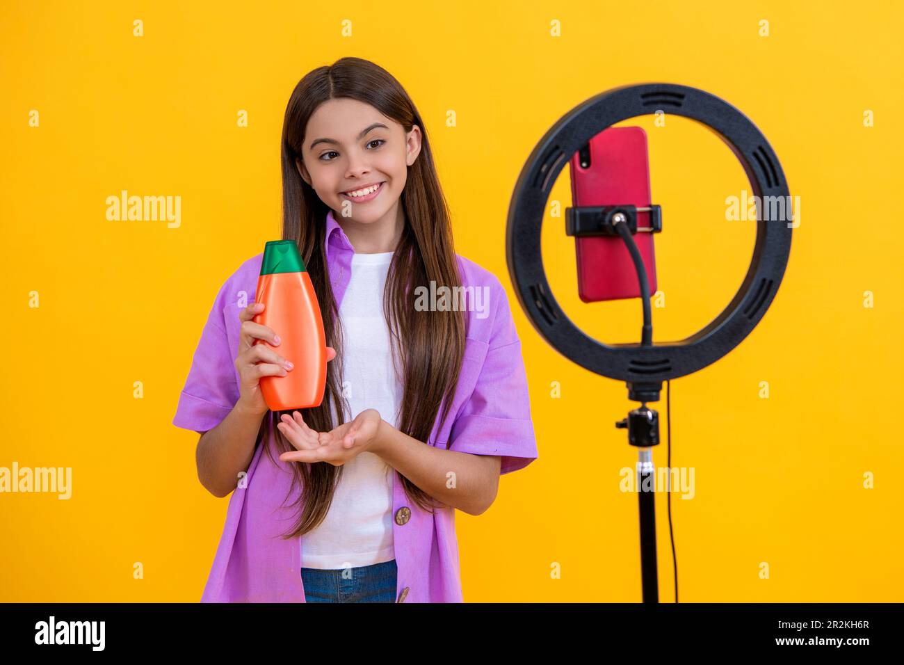 cheerful teen girl beauty blogger on background. photo of teen girl ...