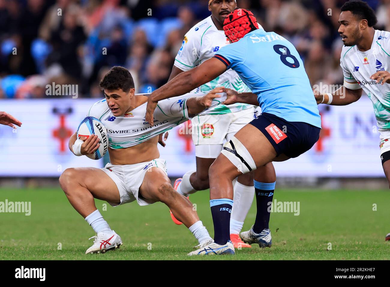 Caleb Muntz of Fijian Drua is tackled during the Super Rugby Pacific ...