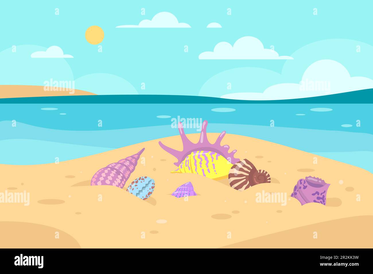 Different colorful seashells on seashore vector illustration Stock ...