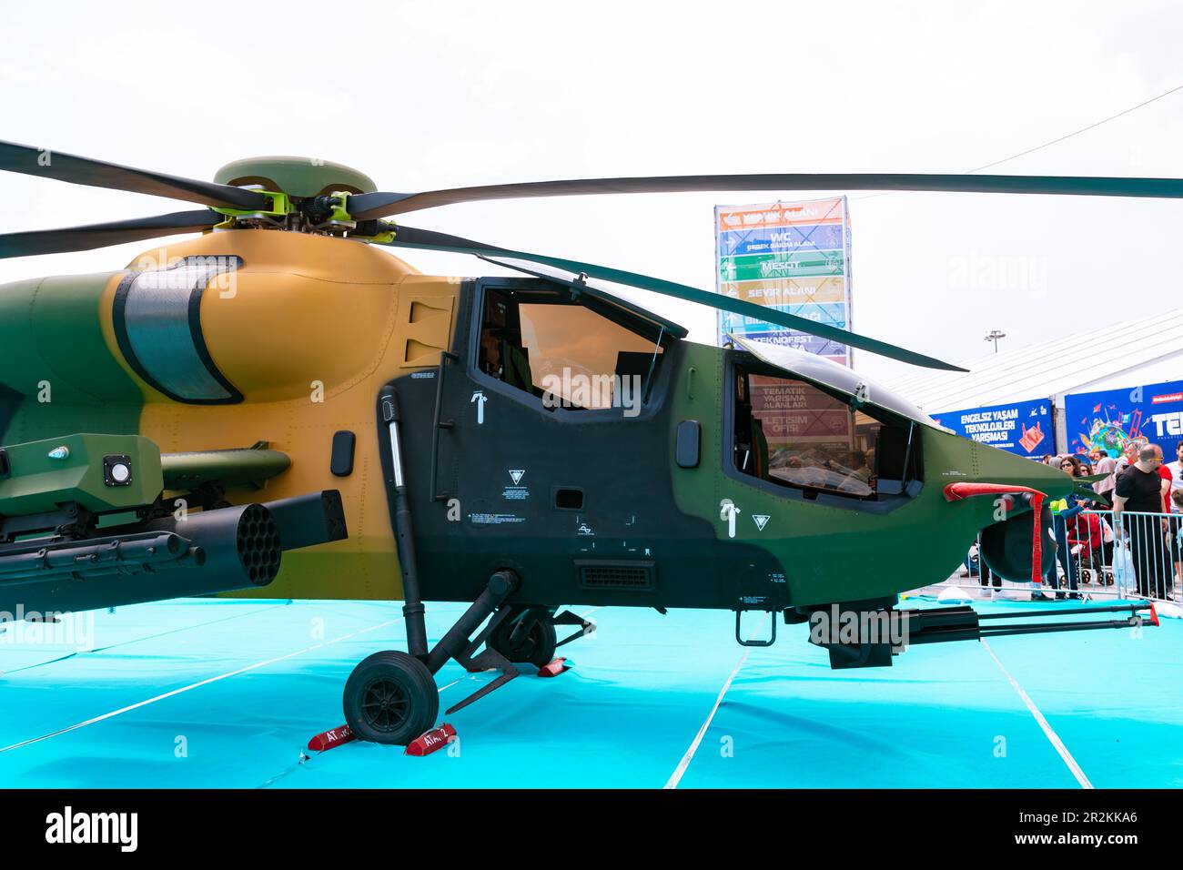 Atak or T129 combat helicopter's cockpit and guns. Istanbul Turkiye - 5 ...