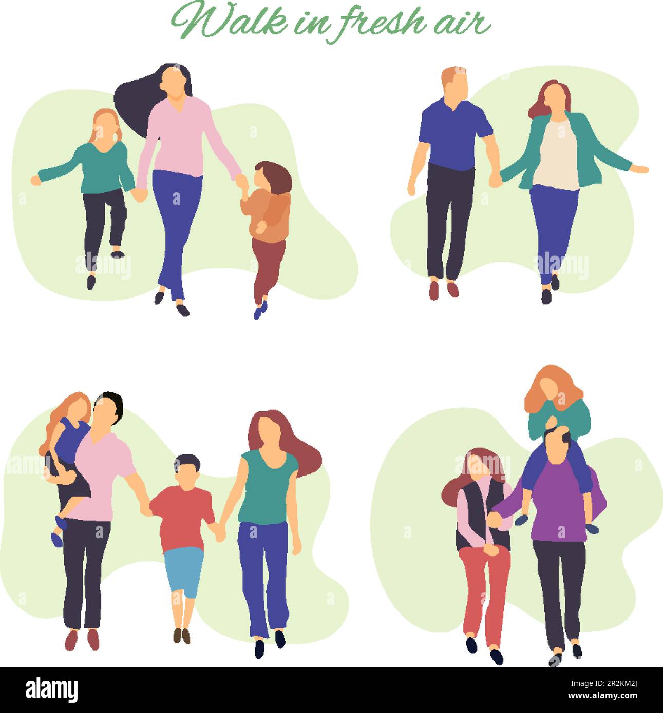 Walk in fresh air. Vector stylized illustration of active young family ...